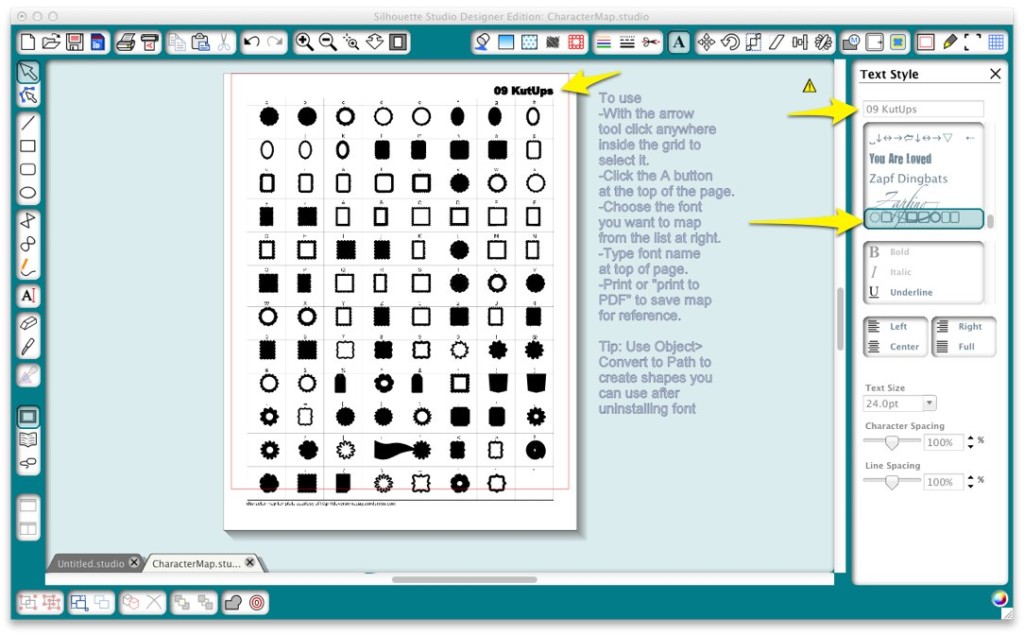 Character map template for Silhouette Studio